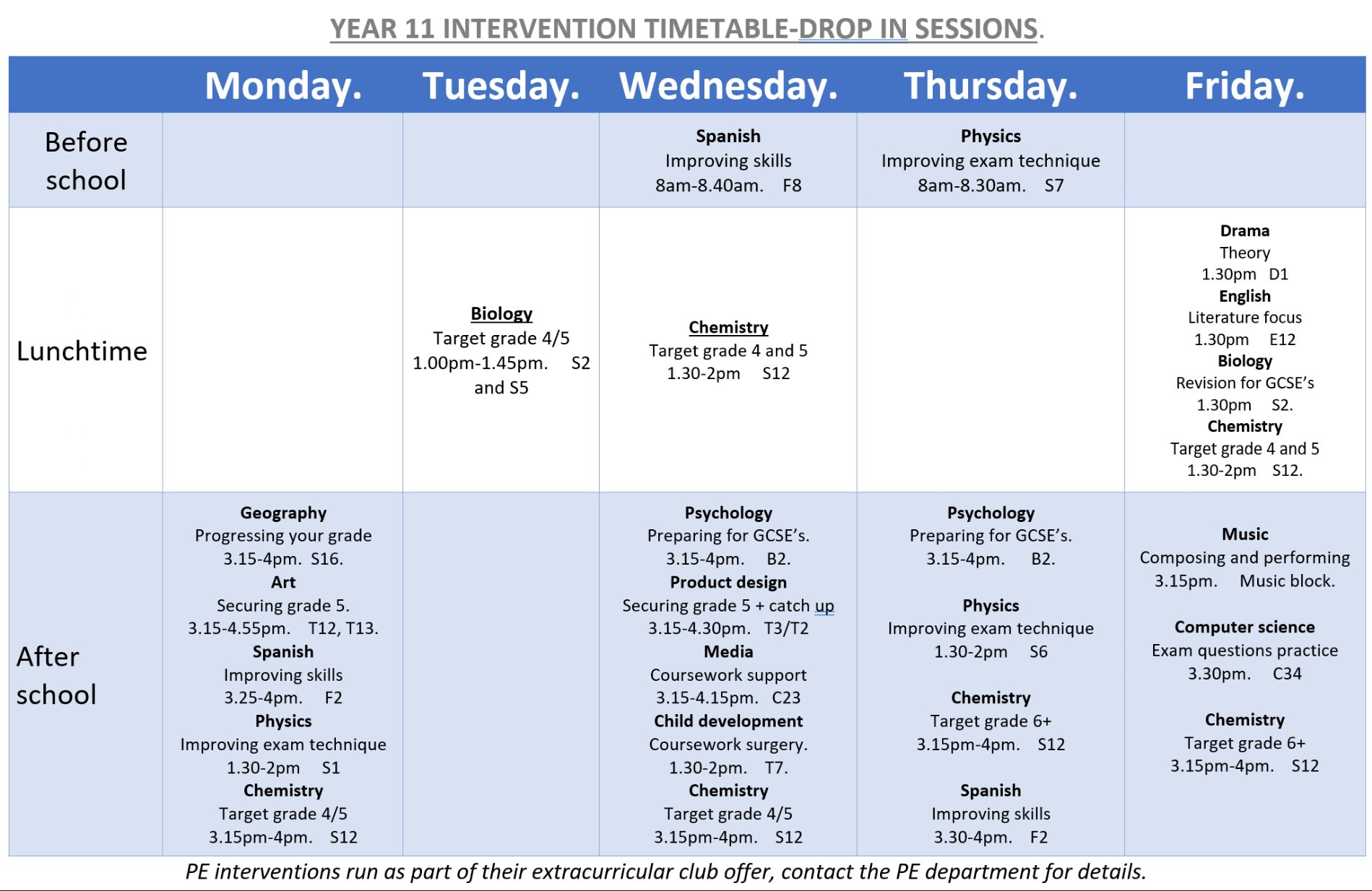 Year 11 Intervention Timetable - West Hatch High School